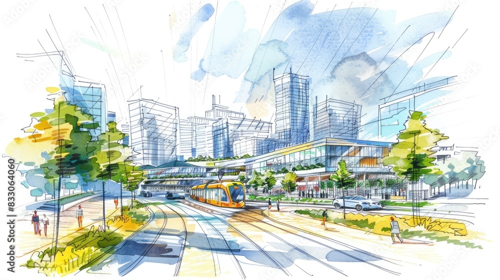 Urban planning sketch highlighting sustainable elements like green ...