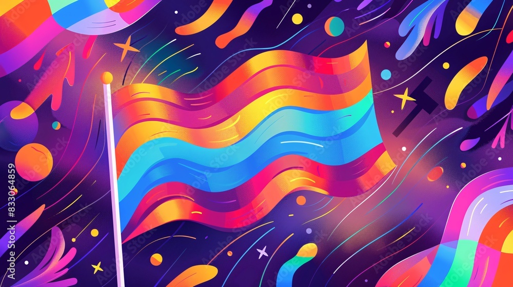 2. An imaginative, colorful illustration of a pride flag waving in a ...