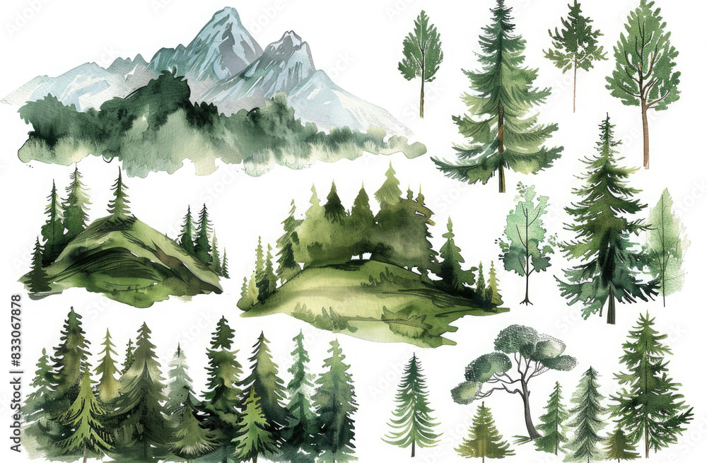Watercolor Forest and Mountain clipart, isolated on a white background ...