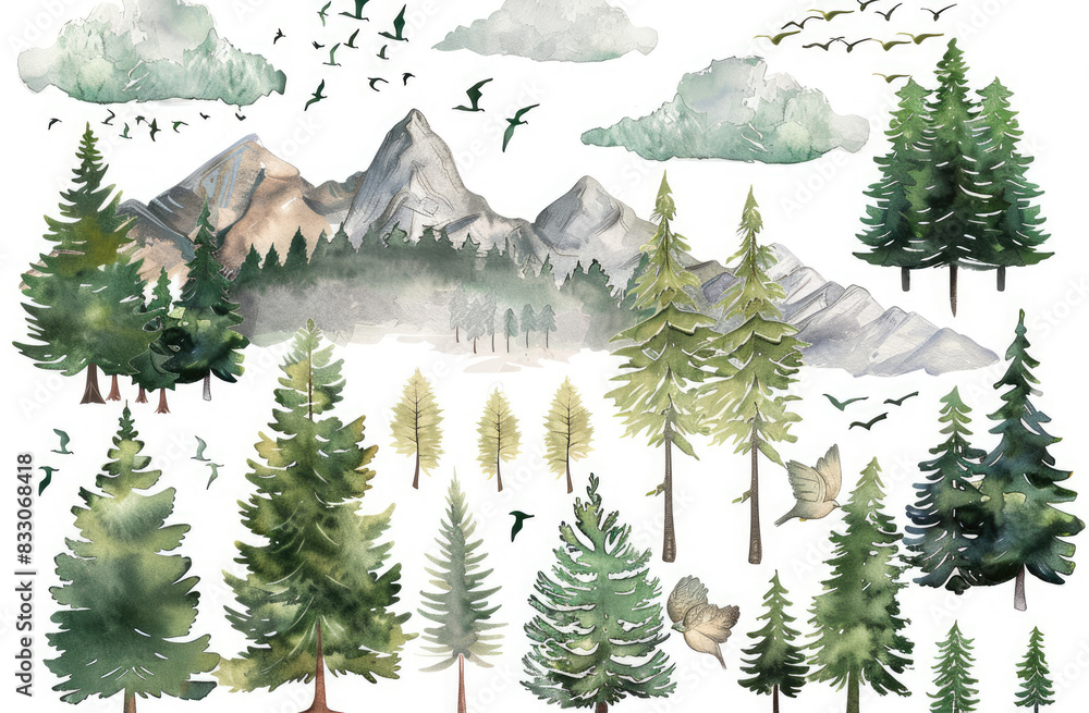 Watercolor Forest and Mountain clipart, isolated on a white background ...