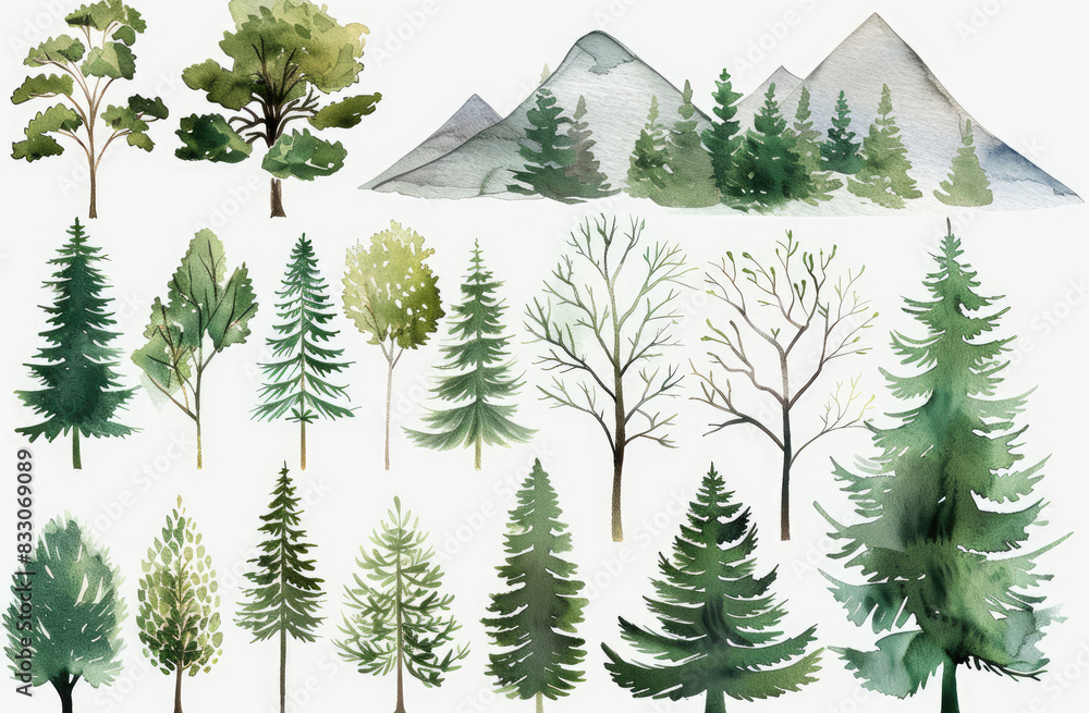 Watercolor Forest and Mountain clipart, isolated on a white background ...