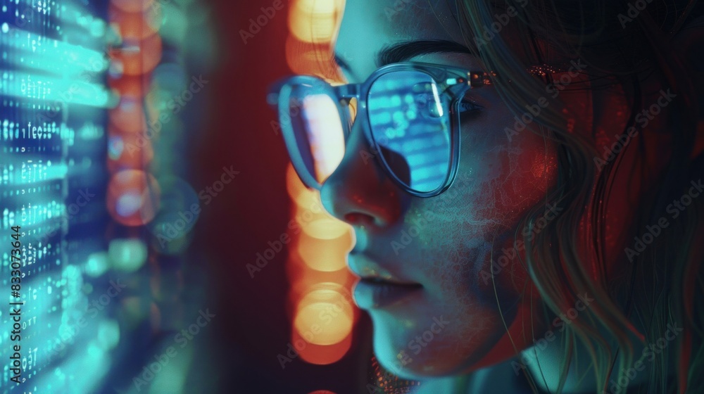 Women in glasses reading html scripts, programming and cyber security research, plus data ...