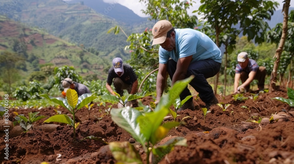 Farmers planting new coffee trees, highlighting a focus on sustainable ...