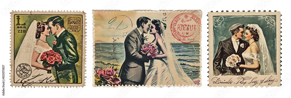 Vintage postage stamps of marriage png on transparent background Stock ...