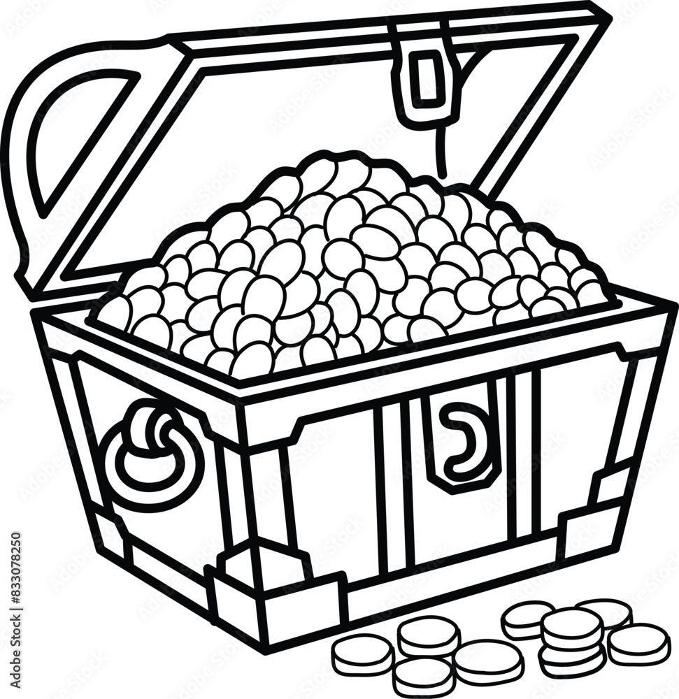 Vetor de Treasure chest in sketch style open with full of gold coins ...