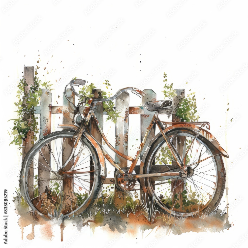Watercolor painting of a rusty, abandoned bicycle leaning against a ...