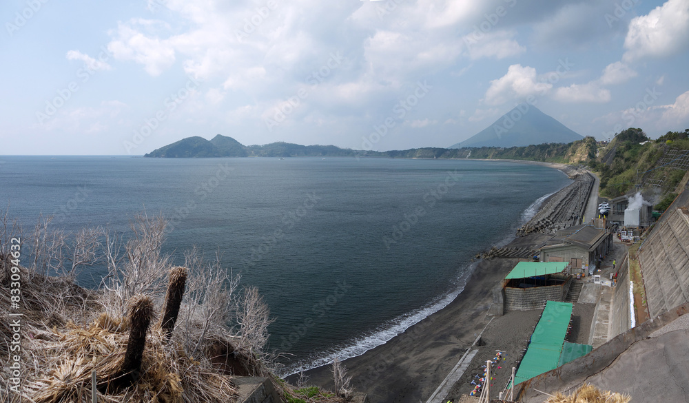 Ibusuki coast with black sand beach, Kaimondake volcano and famous ...