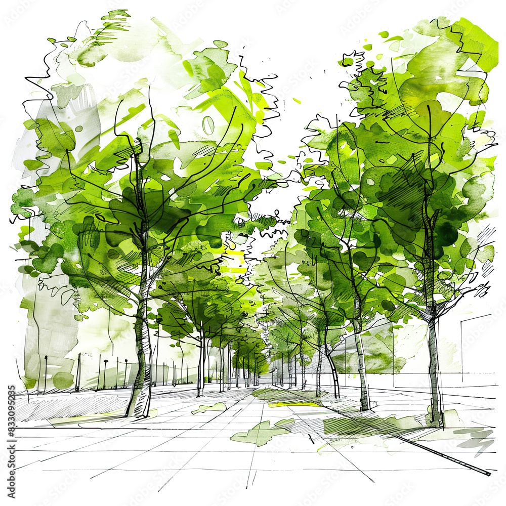 Green tree with leaves sketch architectural drawing in style of ...
