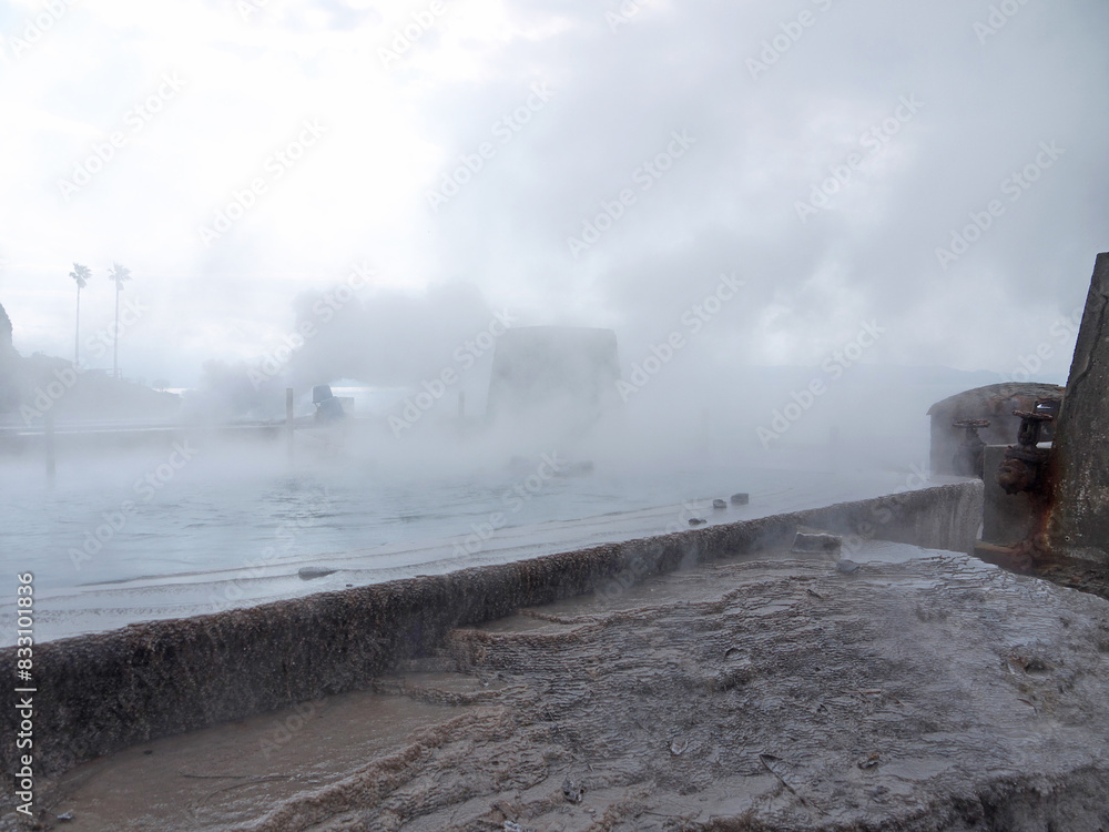 Evaporating salt on Ibusuki coast Yamagawa Salt factory, hot steam ...