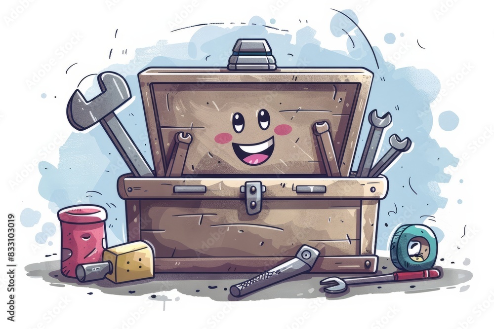 Cartoon cute doodles of a clay toolbox with tools popping out and a ...