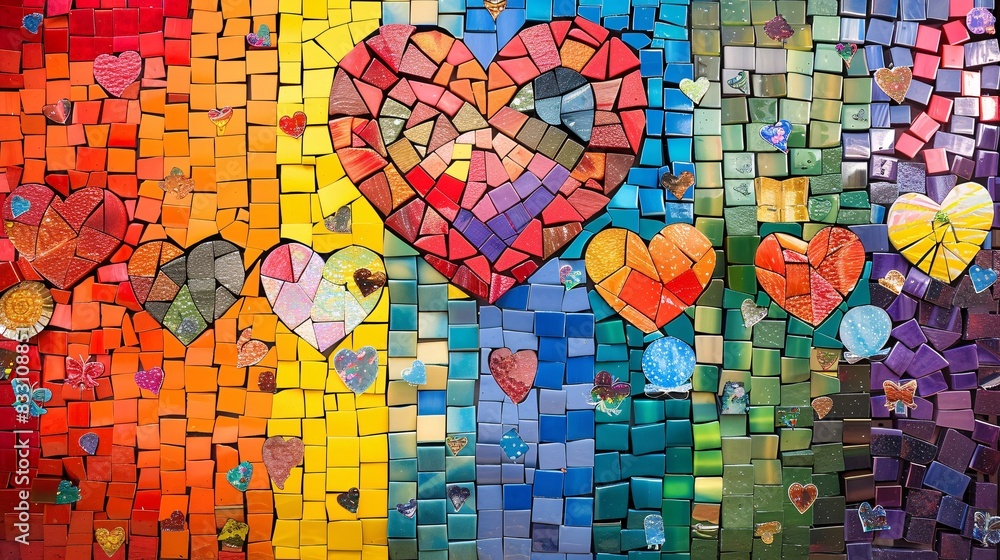 22. A mosaic made up of rainbow-colored tiles, each depicting different ...