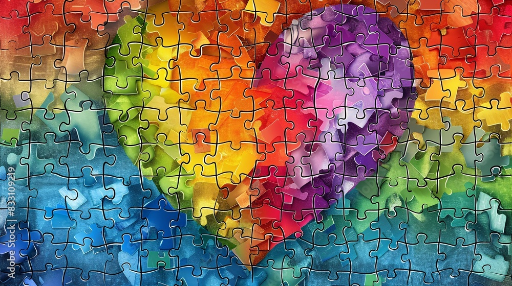 16. An artistic depiction of rainbow-colored puzzle pieces fitting ...