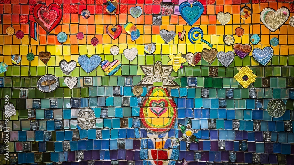 22. A mosaic made up of rainbow-colored tiles, each depicting different ...