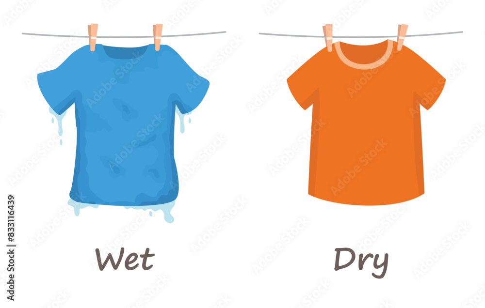 Opposite adjective antonym words wet and dry illustration of t-shirt ...