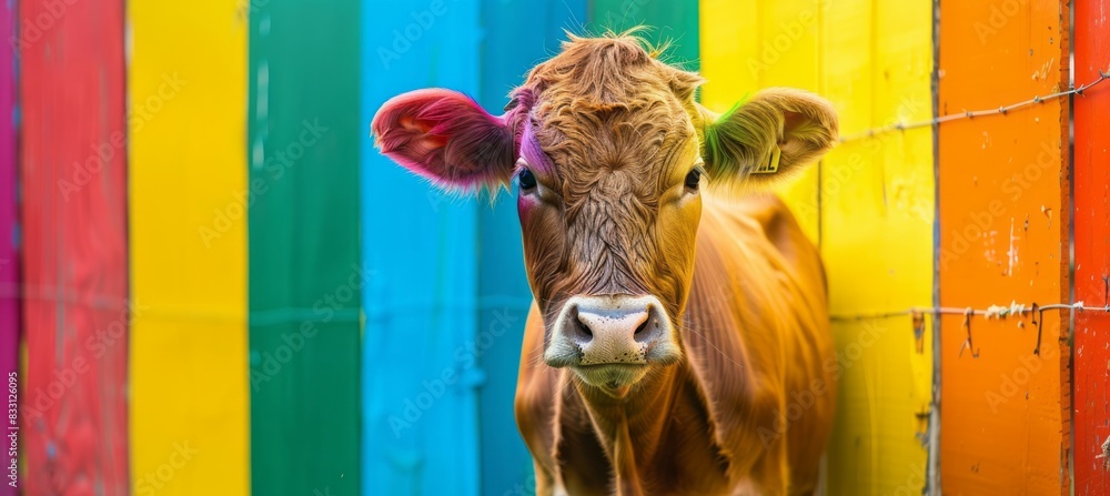 Brown cow with rainbow paint wall background. LGBT pride gender ...