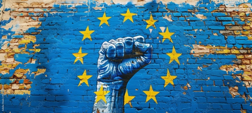 Fist hand with European Union flag graffiti paint on wall. Strength ...