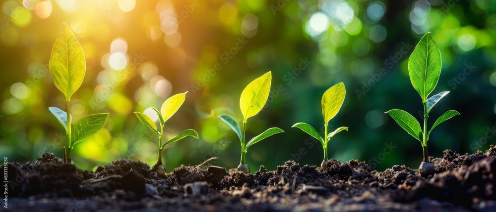 Five young green plants in various stages of growth in soil ...