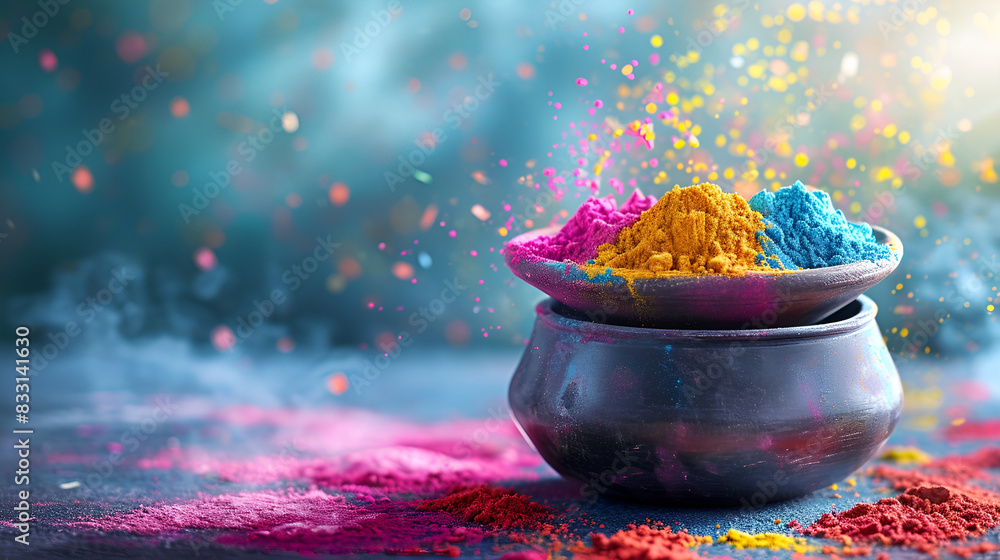 Colorful powder in a pot on a dark background. A vibrant mix of ...