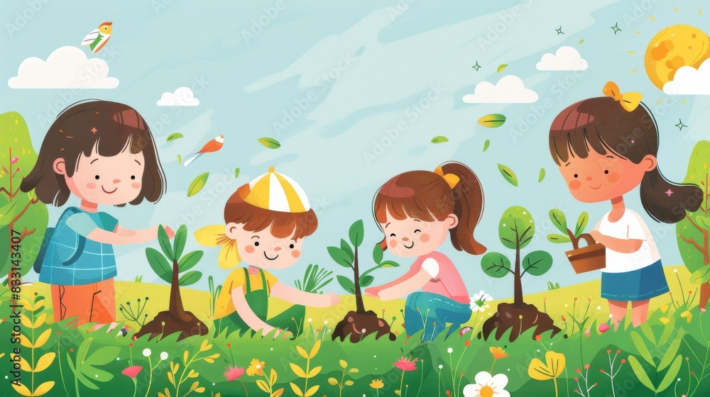 Cartoon Vector Whimsical illustration of children planting trees and ...