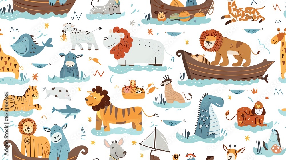 Seamless pattern of hand-drawn scenes from Noah's Ark with pairs of animals and the ark ...