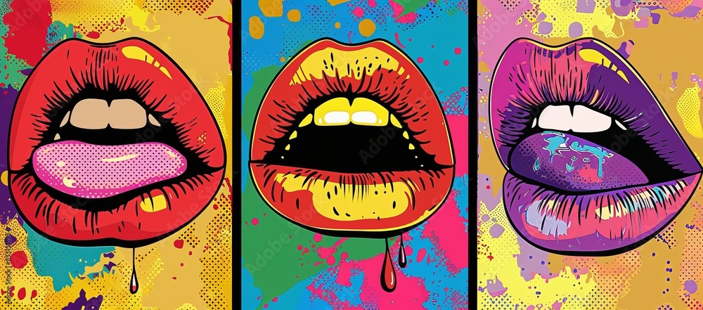 Pop Art Lips Stylized lip illustrations Bright and bold colors Fun and Retro Stock Illustration ...