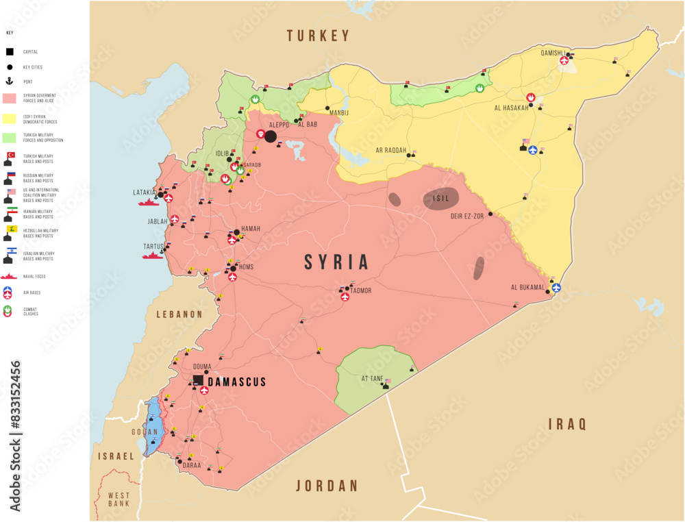 Syrian war map. Main conflict forces and international bases. Proxy war ...