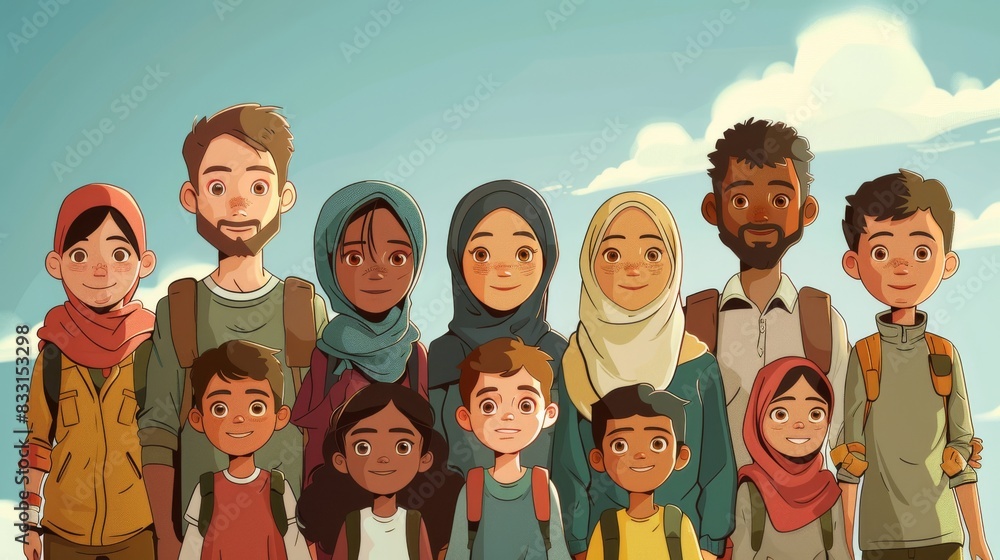 Cartoon Vector A diverse group of refugees, including men, women, and ...