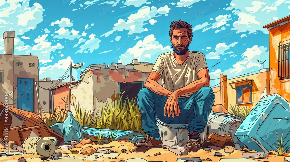 Cartoon Vector A refugee man rebuilding his home using salvaged ...