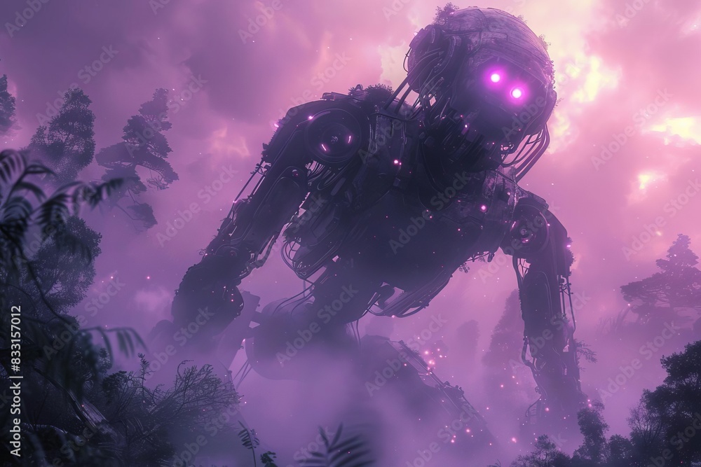 Creepy robot with purple eyes standing amidst fog in a dark forest ...