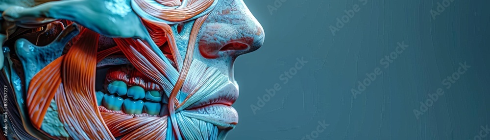 Human face cutaway showing jaw structure and facial muscles, intricate ...