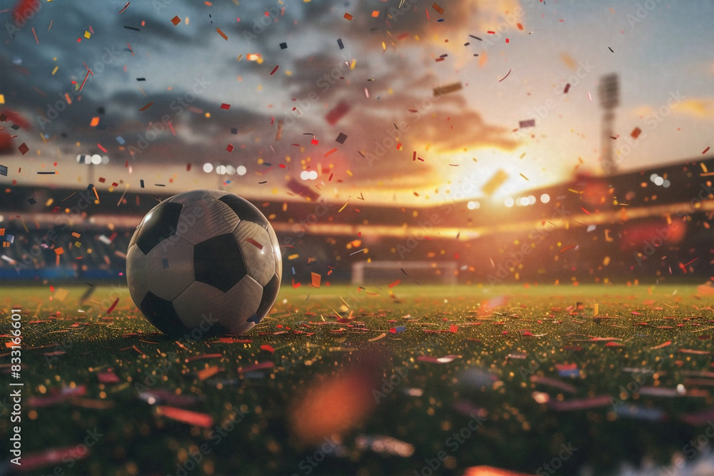 Fussball Feld mit Ball und Konfetti im Stadion bei Sonnenuntergang ...