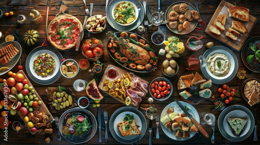 Full table of delicious Dinner party table European foods and drinks ...