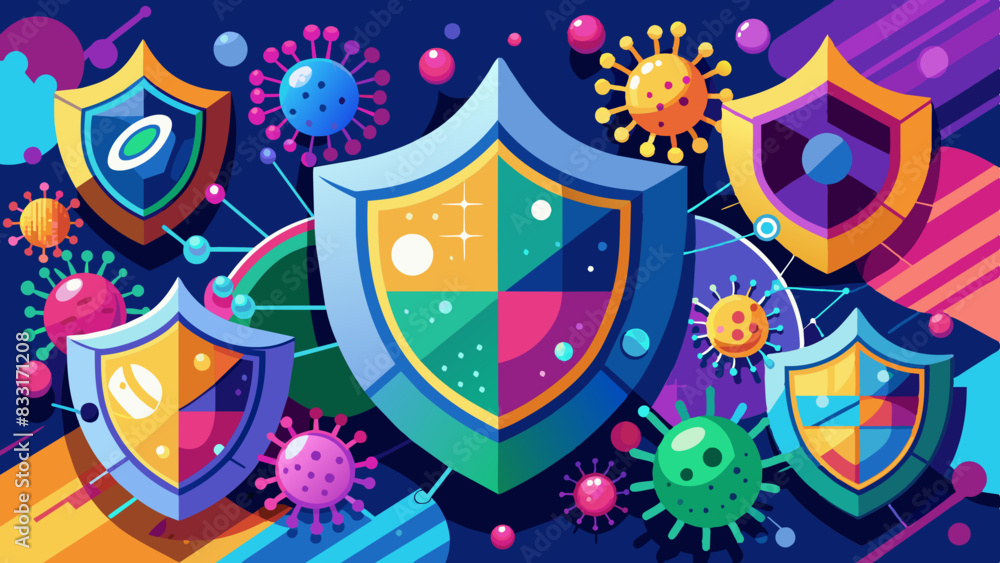 Abstract digital viruses and cybersecurity shields clashing in a ...