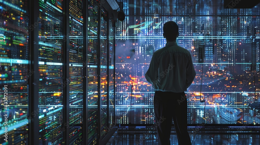 Technology Concept : A data center operator is checking the system ...