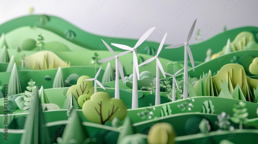 Paper art , renewable energy with green energy as wind turbines ...