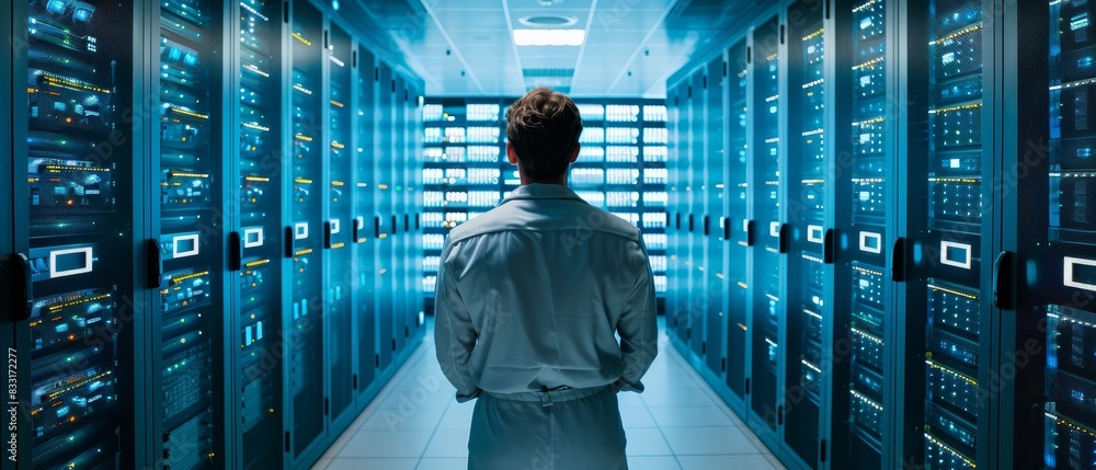 Technology Concept : A data center operator is checking the system ...