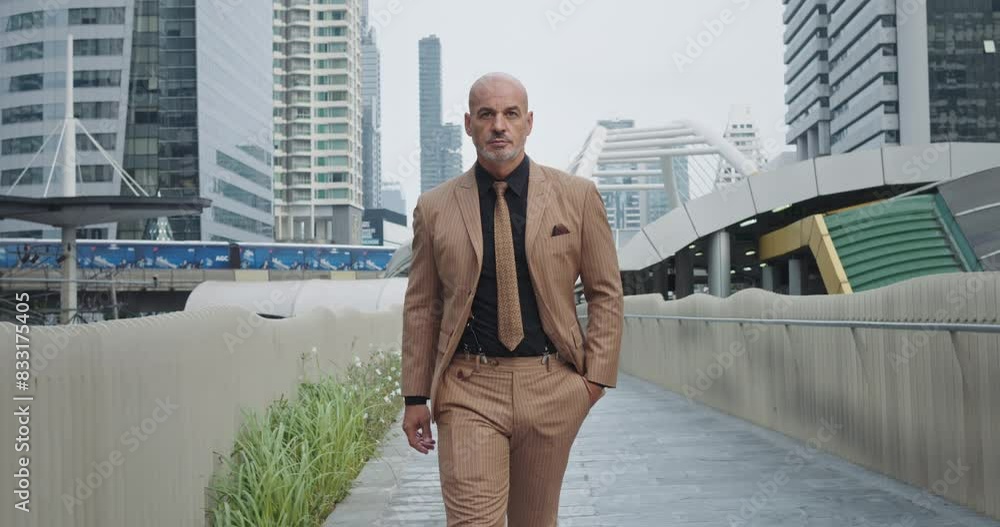 Boss in stylish brown suit walks with confident gait along busy street ...