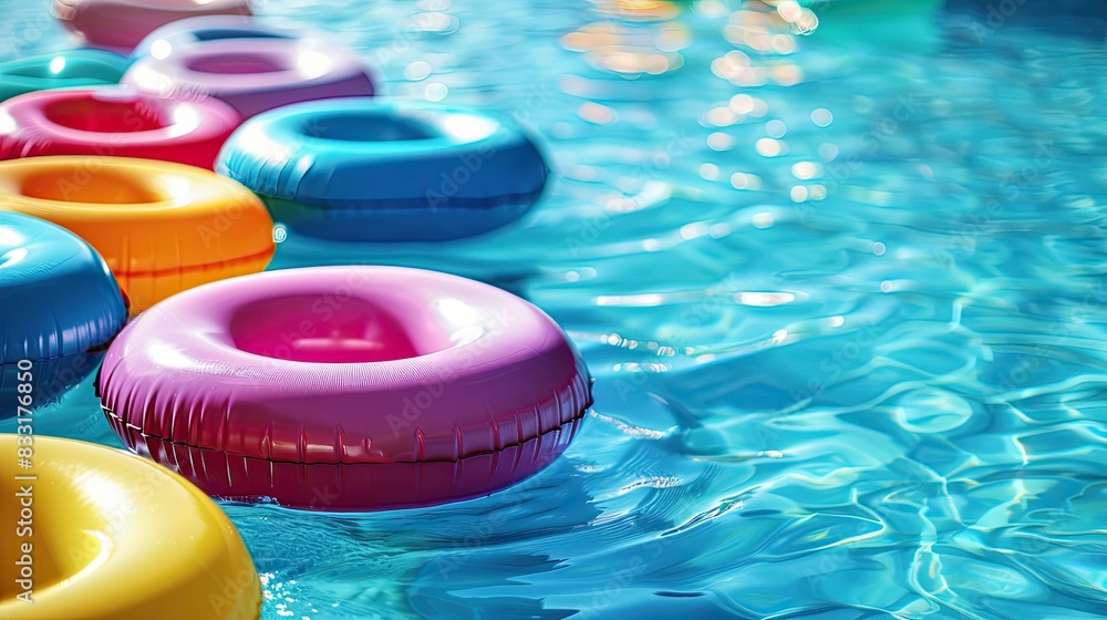Pool Float Paradise Brightly colored pool floats bob happily on a blue ...