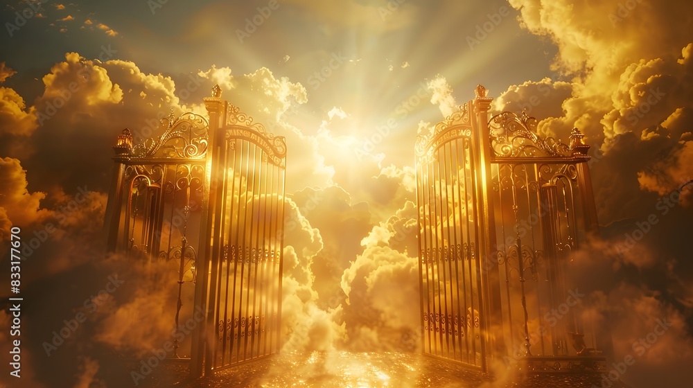 Golden Gates of heaven with sunshine in clouds. Stairway to heaven in ...