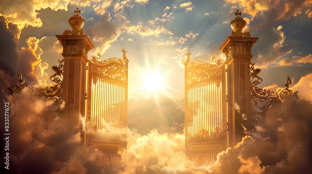 Golden Gates of heaven with sunshine in clouds. Stairway to heaven in ...