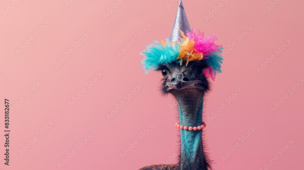 emu bird in party attire: colorful cone hat, necklace, and bowtie on ...
