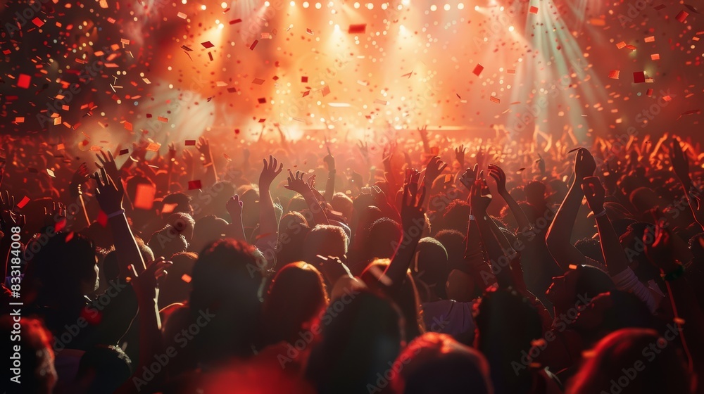 Hyper realistic festival crowd, panoramic view, cheering with confetti ...