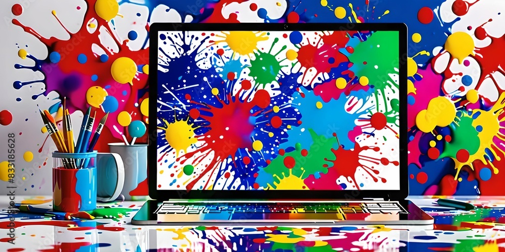 wallpaper depicting a computer and paint splashes on the screen with ...