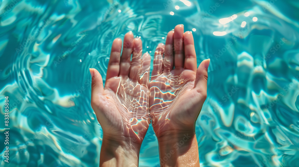 Female hands immersed in clear blue water to hydrate the skin. The ...