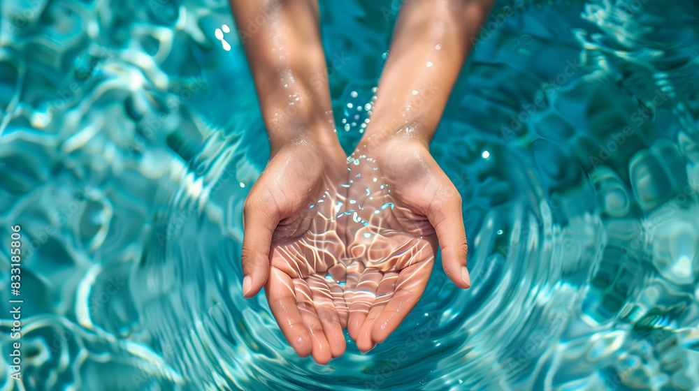 Female hands immersed in clear blue water to hydrate the skin. The ...