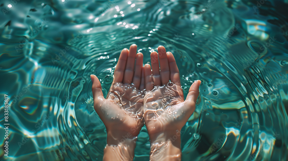 Female hands immersed in clear blue water to hydrate the skin. The ...