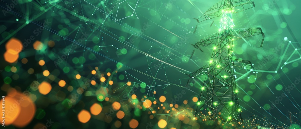 Futuristic power lines with digital connections, green background, high ...
