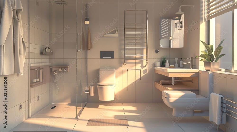 An accessible bathroom design with grab bars, a walk-in shower with a ...