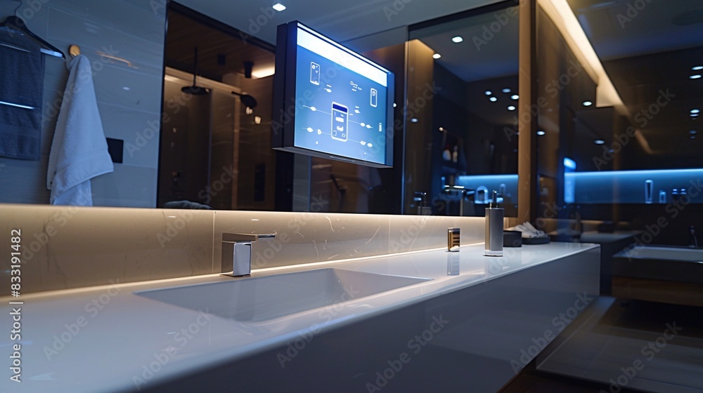 A high-tech bathroom featuring a smart mirror with built-in touch screen controls for lighting ...