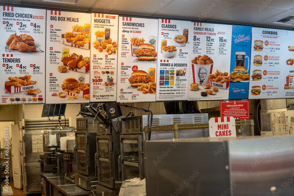 Everett, WA, USA - 25 May 2024. Kentucky Fried Chicken menu with the prices. KFC menu in the ...